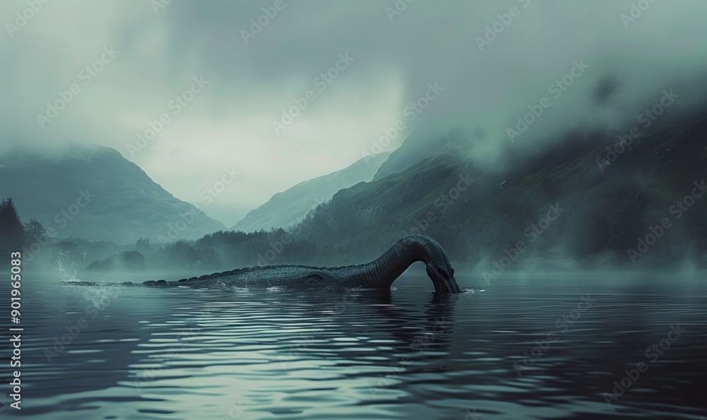 Mysterious Loch Ness Monster emerging from the misty waters of a Scottish lake Stock ...