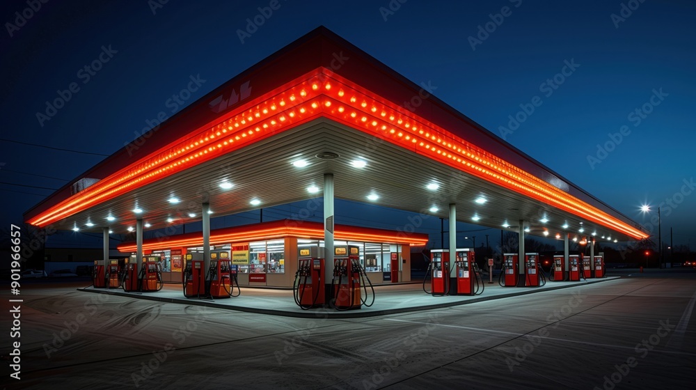 A modern gas station with multiple fuel pumps under a large canopy ...