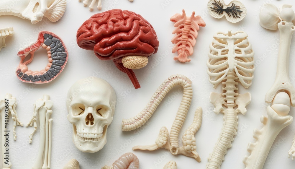 A collection plastic science miniature models human organs: skull ...