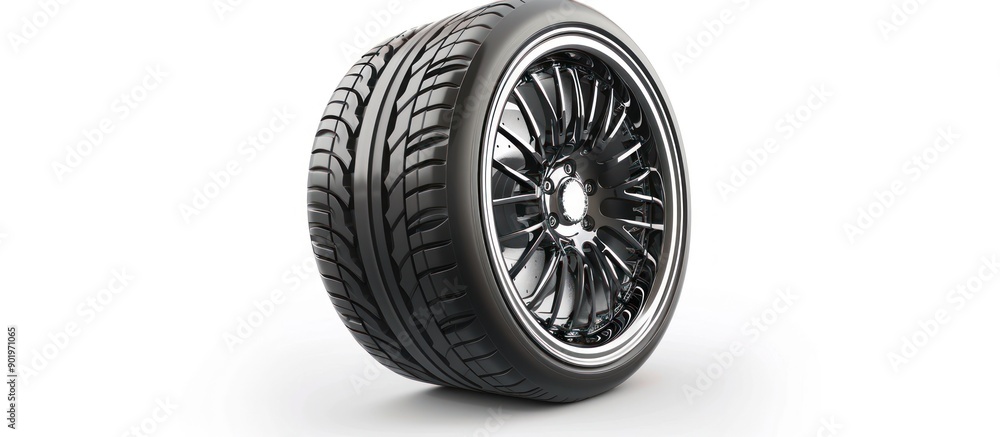 Modern wheel rim, racing wheel and tire side view isolated on white ...