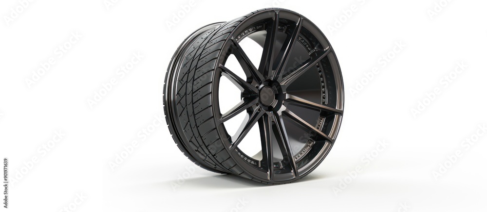 Modern wheel rim, racing wheel and tire side view isolated on white ...