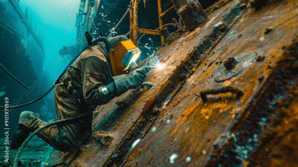 Diver welding on shipwreck in deep ocean. Oceanic and underwater welder ...