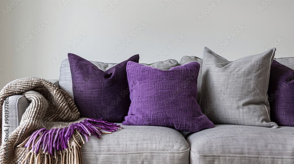 A photo captures a grey couch adorned with purple cushions, adding a ...