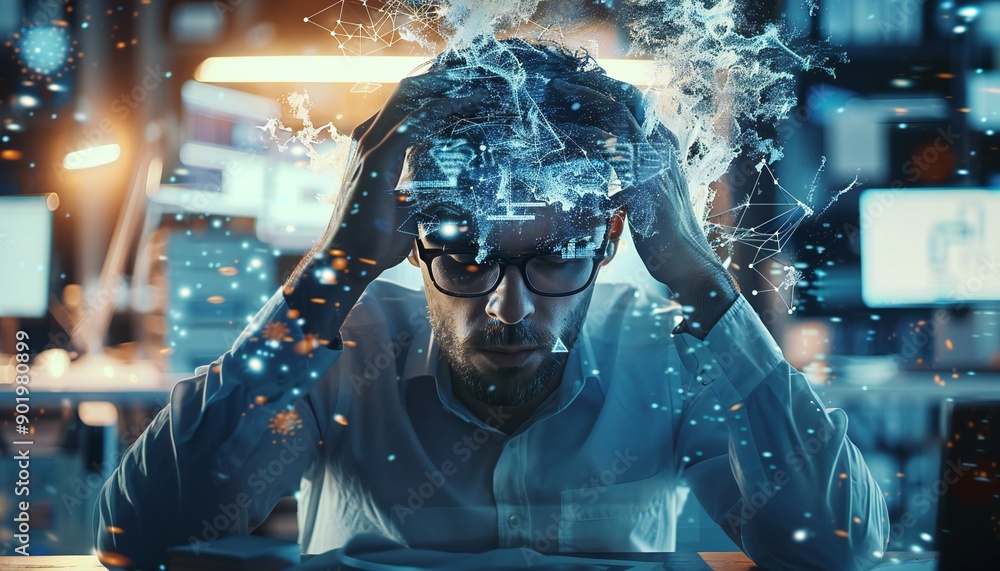 Tech Overload. Employee drowning in a sea of work tech issues Stock ...