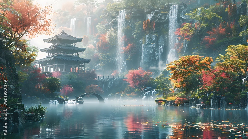 Mystical Japanese garden featuring mythological creatures like Tengu ...