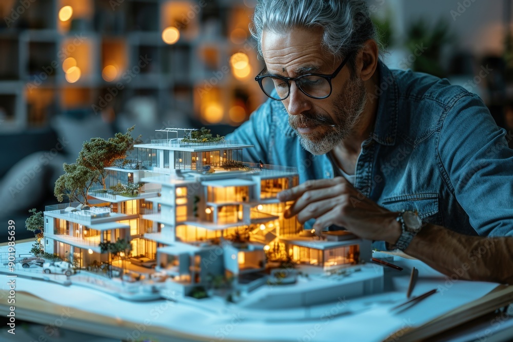An architect meticulously works on a detailed scale model of a modern ...