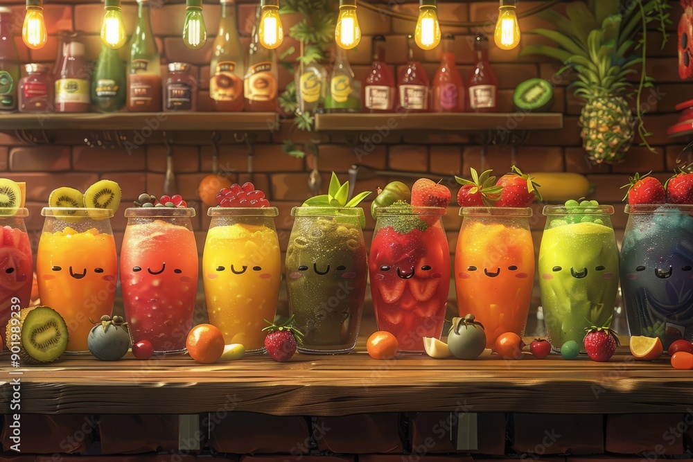 Cartoon characters line up at a vibrant smoothie bar, eager to try ...