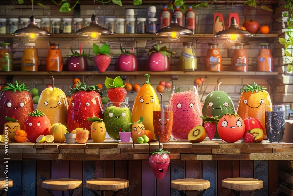 Cartoon characters line up at a vibrant smoothie bar, eager to try ...