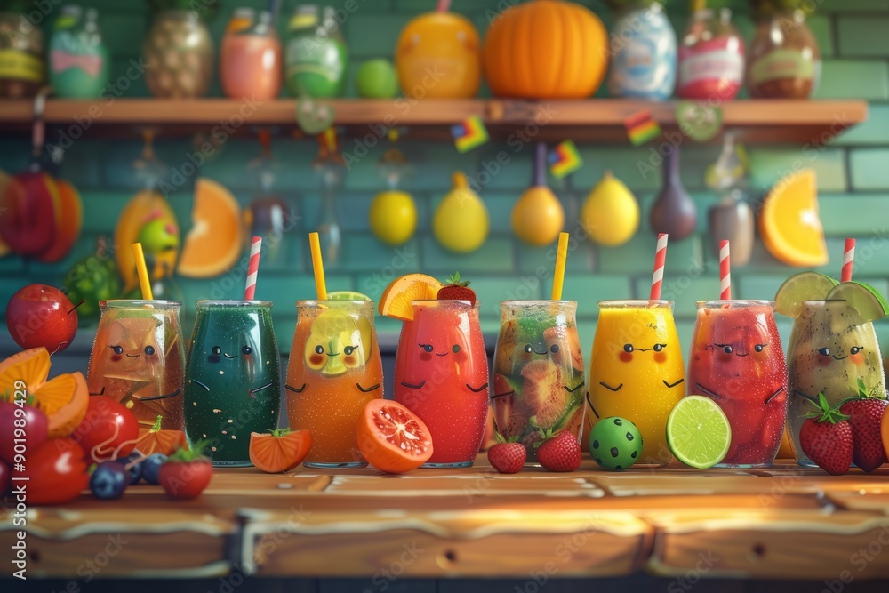 Cartoon characters line up at a vibrant smoothie bar, eager to try ...