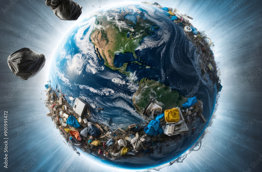 Planet Earth from space covered in trash, including plastic waste and ...