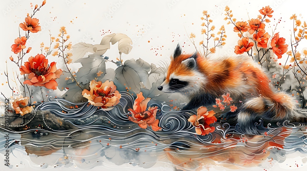 Serene depiction of the mythological Japanese Tanuki a shapeshifting ...