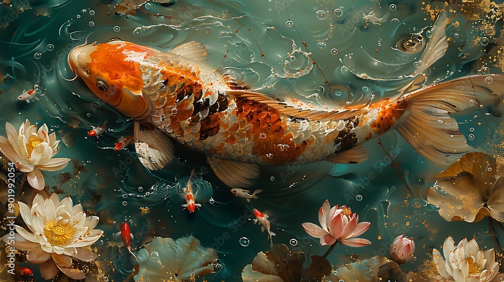 Serene depiction of the mythological Japanese Koi fish swimming ...