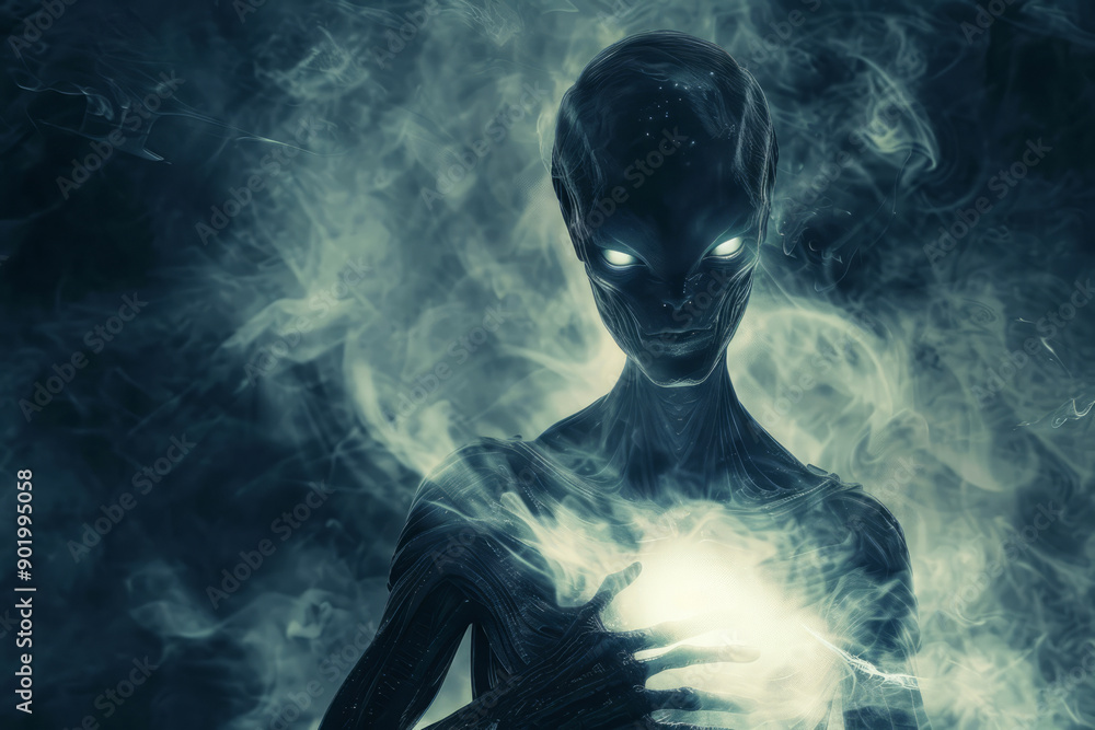 Mystical alien being with glowing eyes and ethereal light in its chest ...