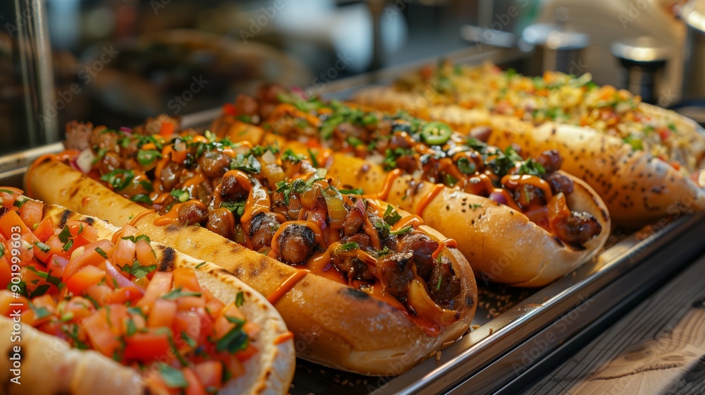 Gourmet Hot Dogs with Colorful Toppings on Display. Freshly Prepared ...