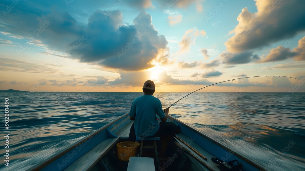 Adult man, a male fisherman in a boat or sailboat on the water's ...