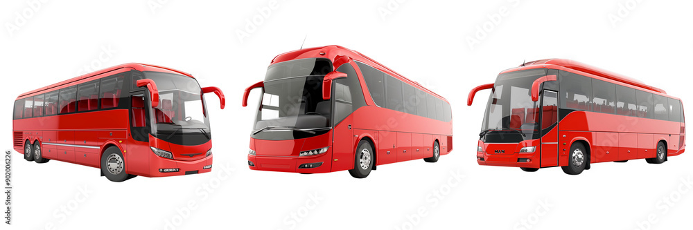 Set of modern red tour bus with detailed exterior features isolated on ...