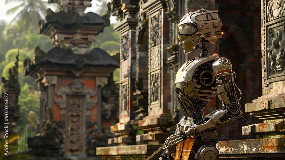 Traditional Balinese ceremonial robot with authentic attire and keris ...