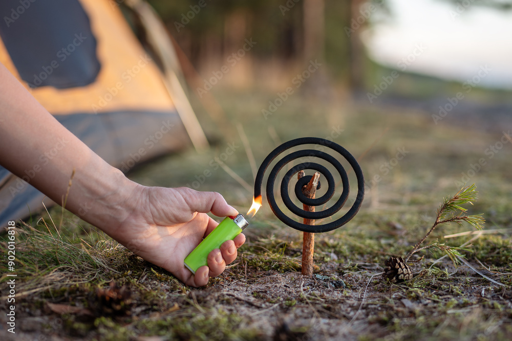 Person hand with lighter igniting repellent coil fumigator with smoke ...