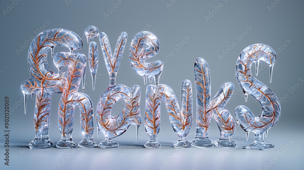 Ice-themed "Give Thanks" text with branches inside on a frosty ...