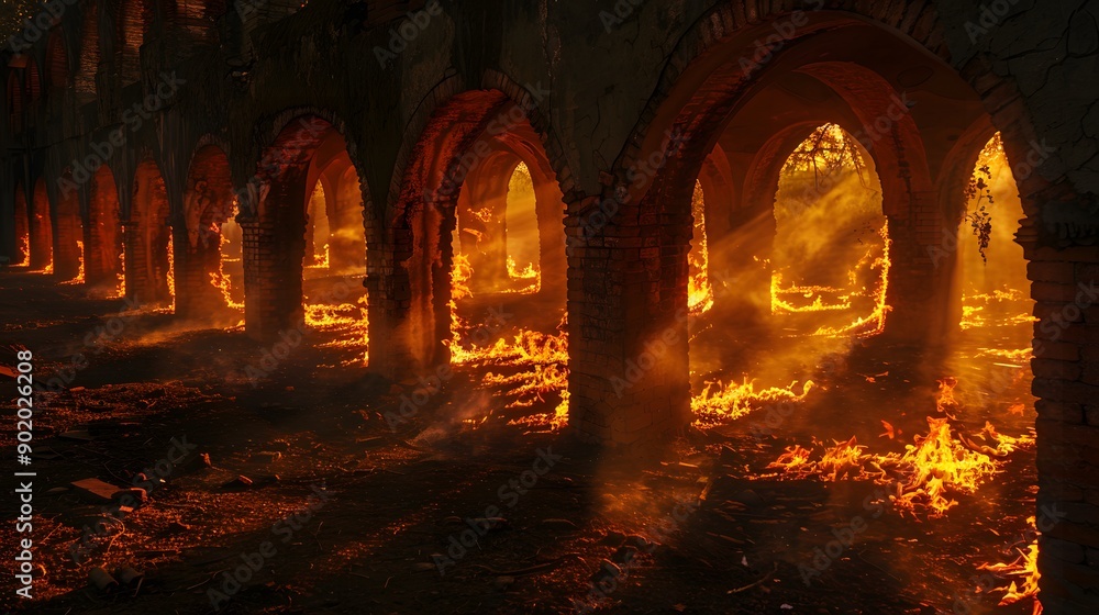 ancient stone arches with blazing flames casting shadows, creating a ...