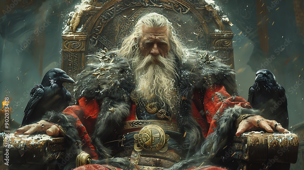 Aweinspiring depiction of the mythological Norse god Odin seated on his throne in Asgard his ...