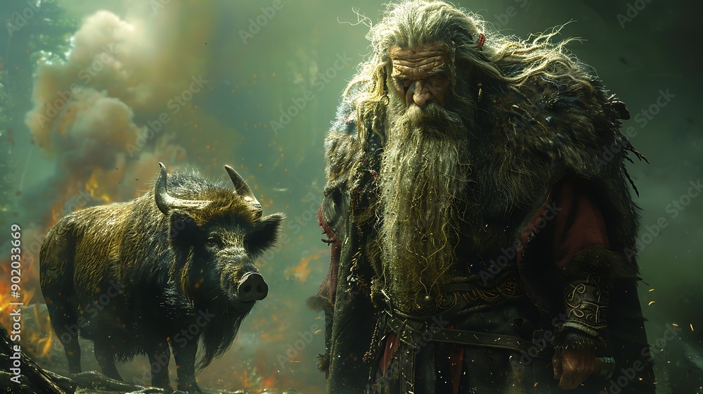 Aweinspiring image of the mythological Norse god Freyr standing tall ...