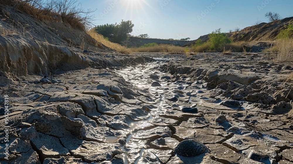 Dry Riverbed with Cracked Sandy Soil and Black Rocks - Severe Drought ...