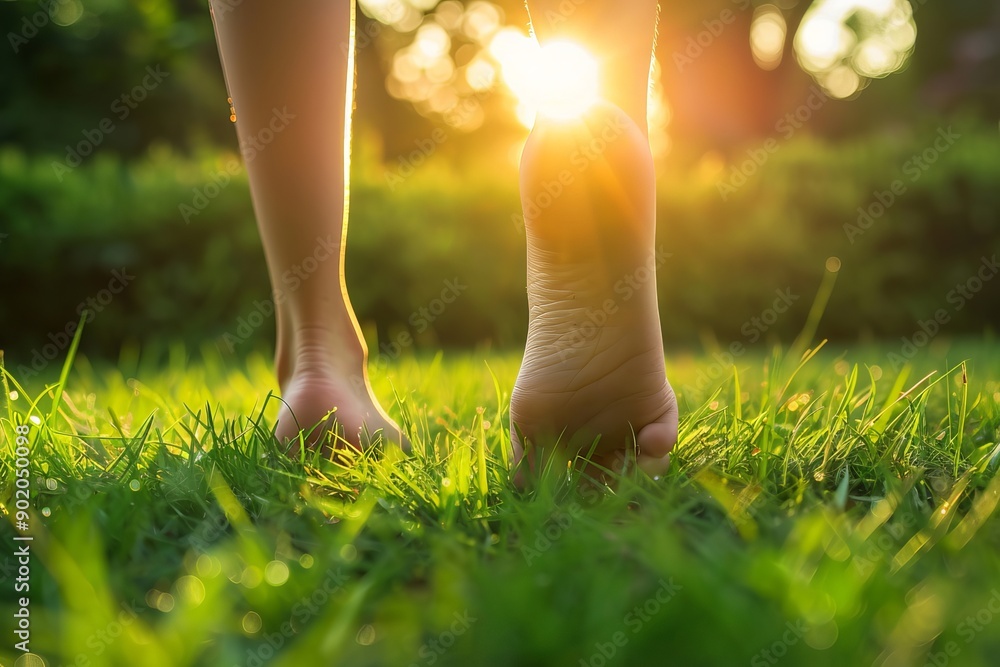 Bare feet walking on grass with a sunlit background. A serene moment ...