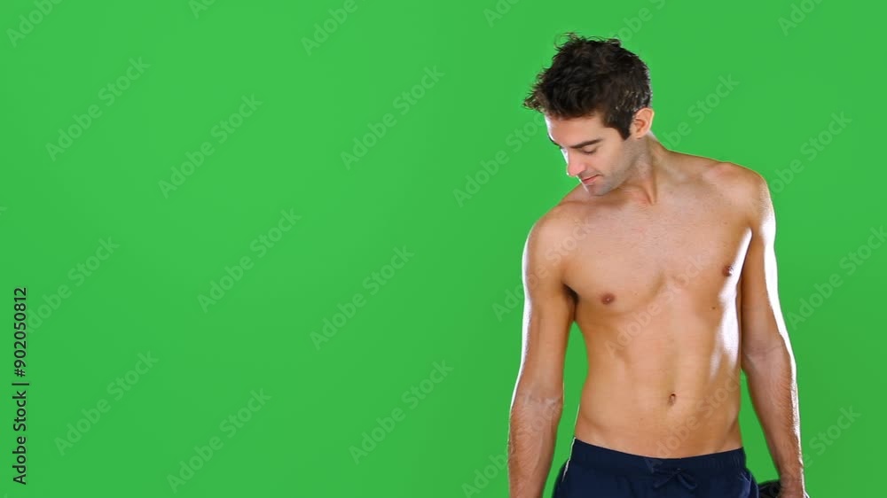 Man, workout and dumbbell on green screen for muscle health, fitness or ...
