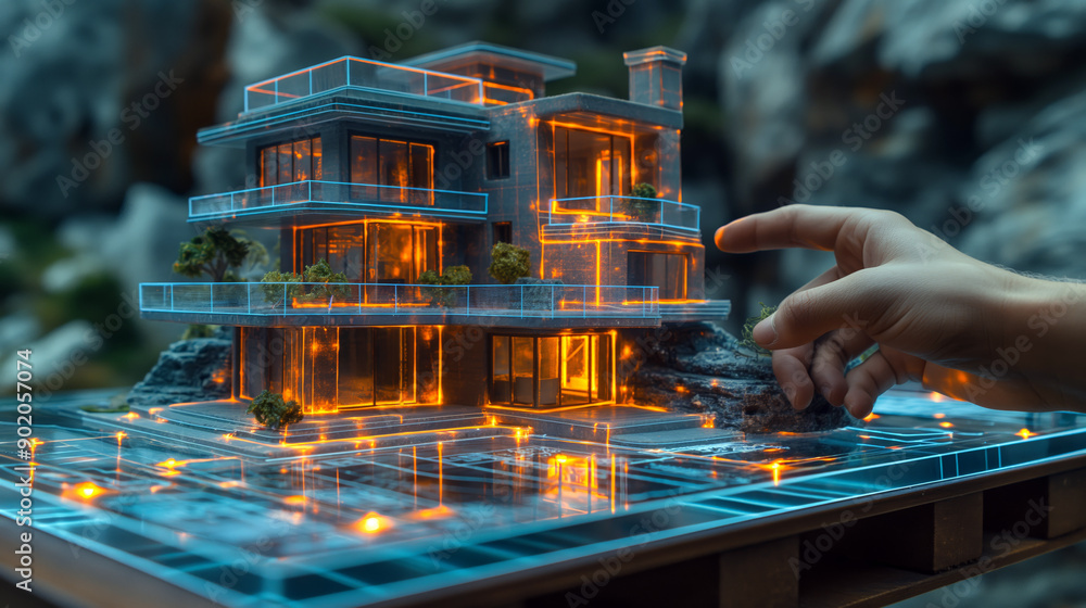 Augmented reality architecture creation process AR house model. Edit and manipulate holographic ...