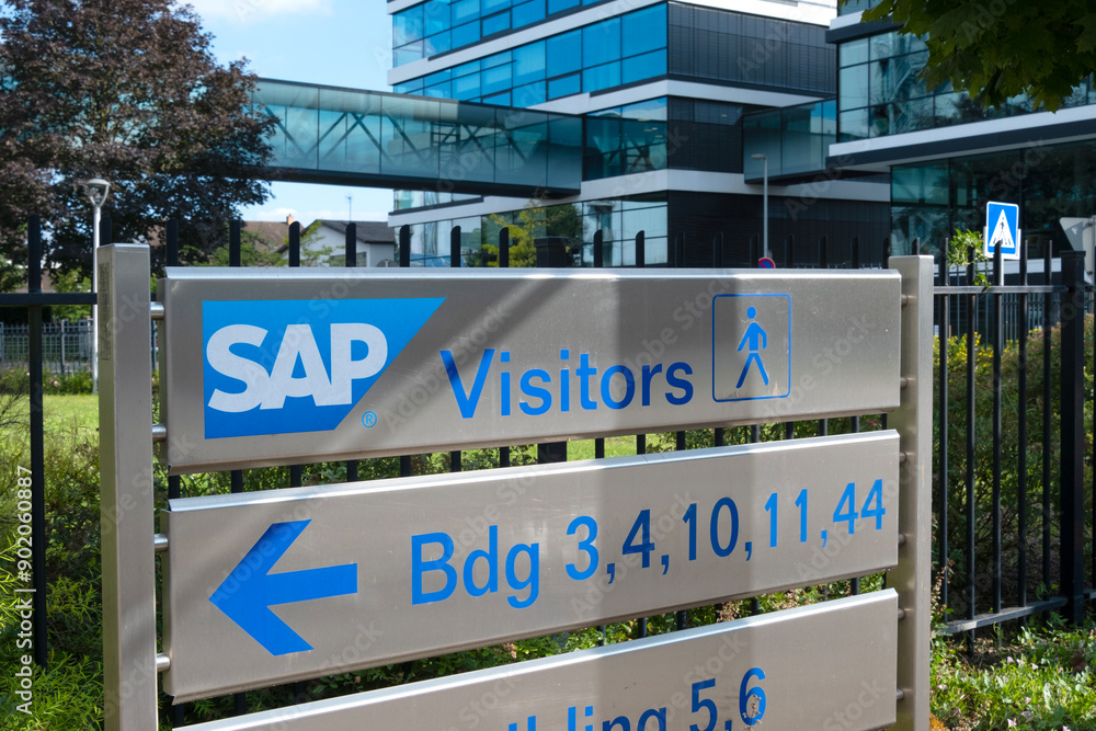 SAP SE logo prominently displayed on modern corporate facade, SAP ...