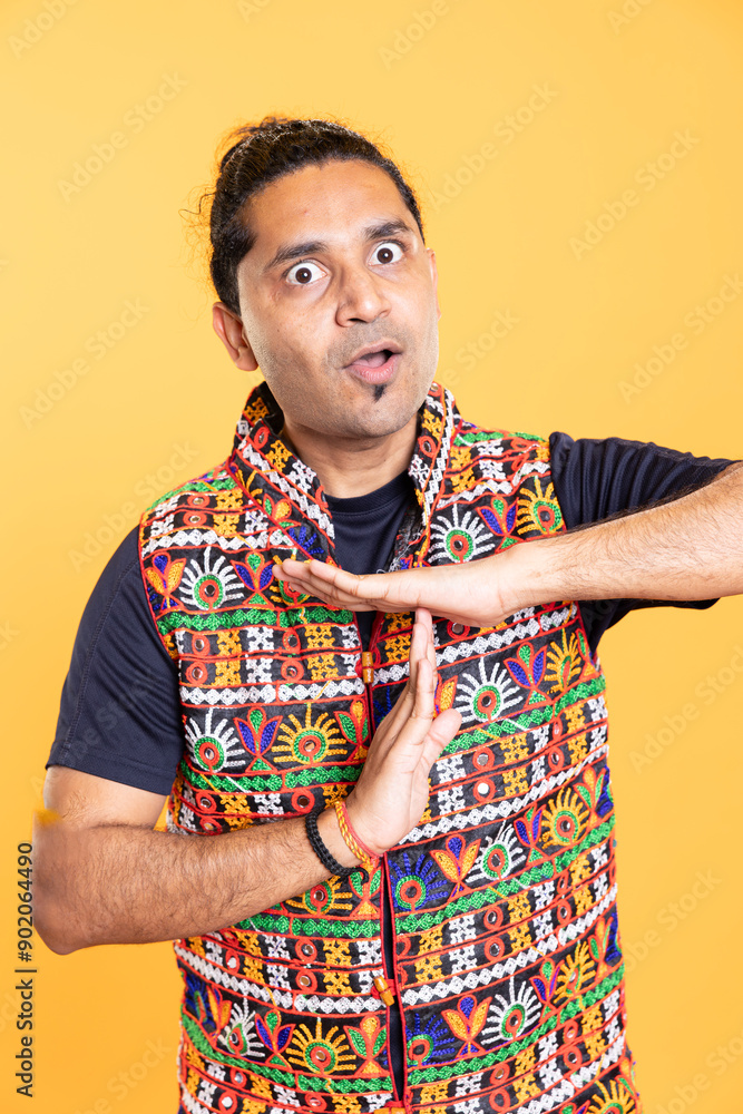 Angry man fed up with noise, requesting timeout, doing hand gestures ...