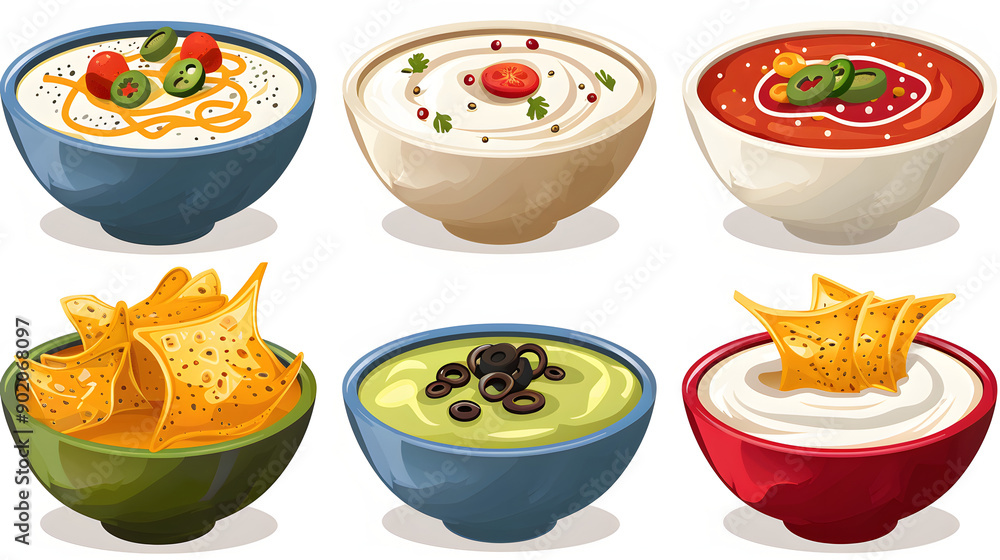 vector illustrations of different dips with chips, perfect for party ...