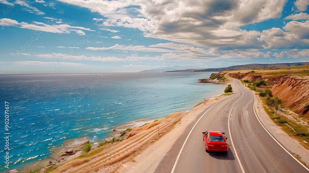 Red car driving in panoramic road landscape by the beach Highway ...