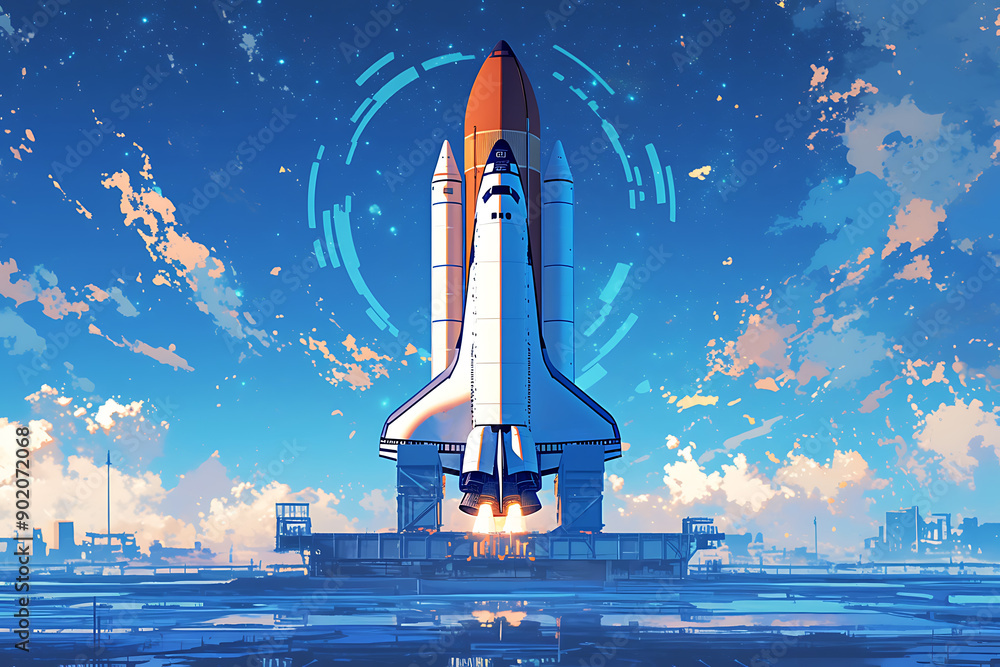 The space shuttle launches against a backdrop of a starry sky ...