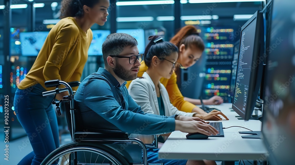 Person with disability next to multiracial coworkers in data center coding on computer ...