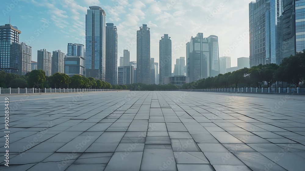 Empty square floor with modern city buildings scenery in Guangzhou Road ...