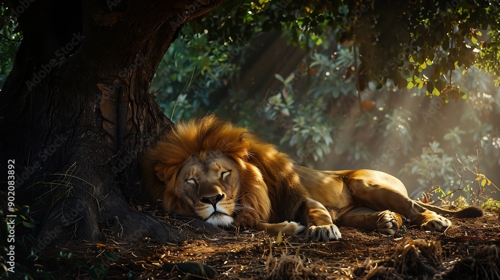 The majestic image of a lion lying down under a tree at the jungle ...