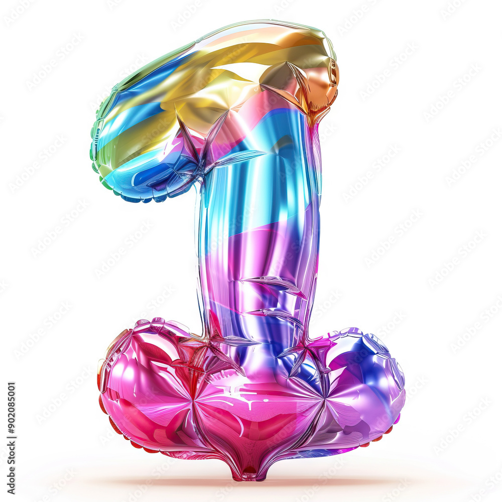Vibrant and glossy balloon shaped like the number one, reflecting ...