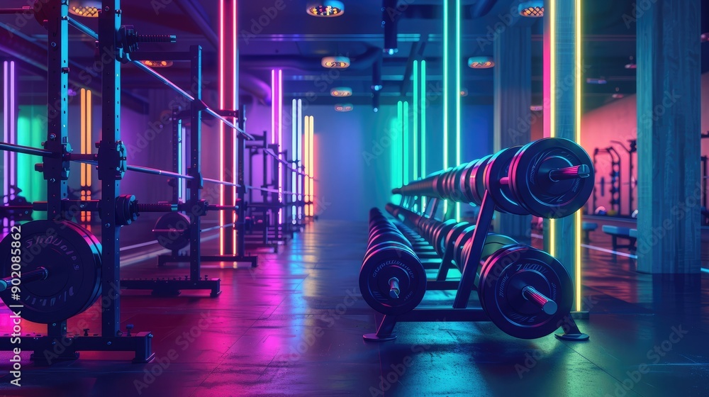 Empty gym with weights and neon lights. Modern, vibrant fitness center ...