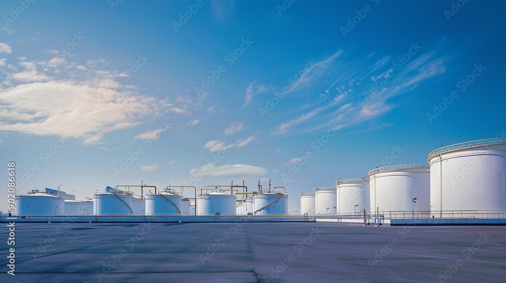 Row many large industrial fuel storage white tanks clear blue sky ...