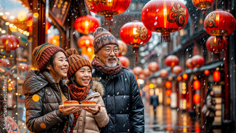 Chinese family on Mid Aautumn festival with moon cake and red, lantern ...