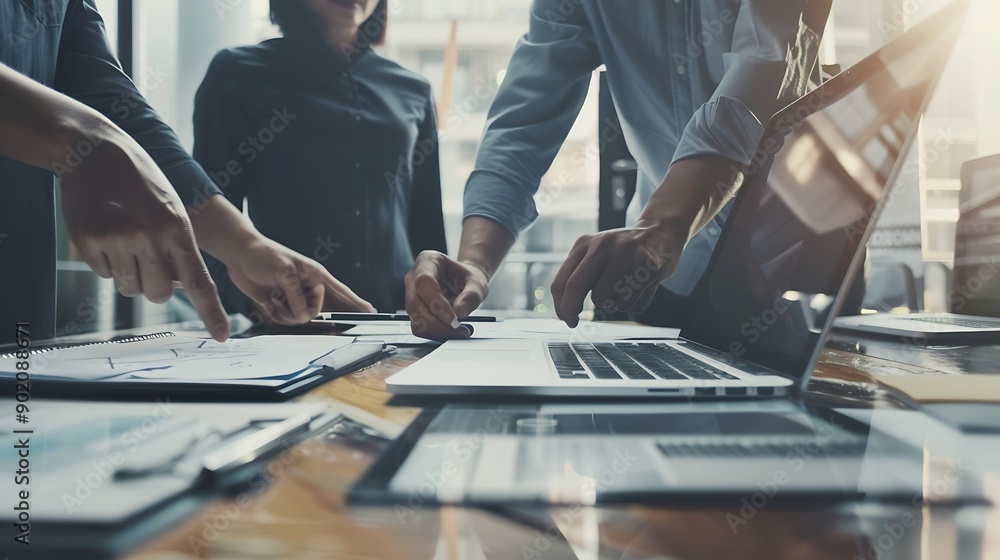 Laptop planning and business people in meeting tablet and brainstorming ...