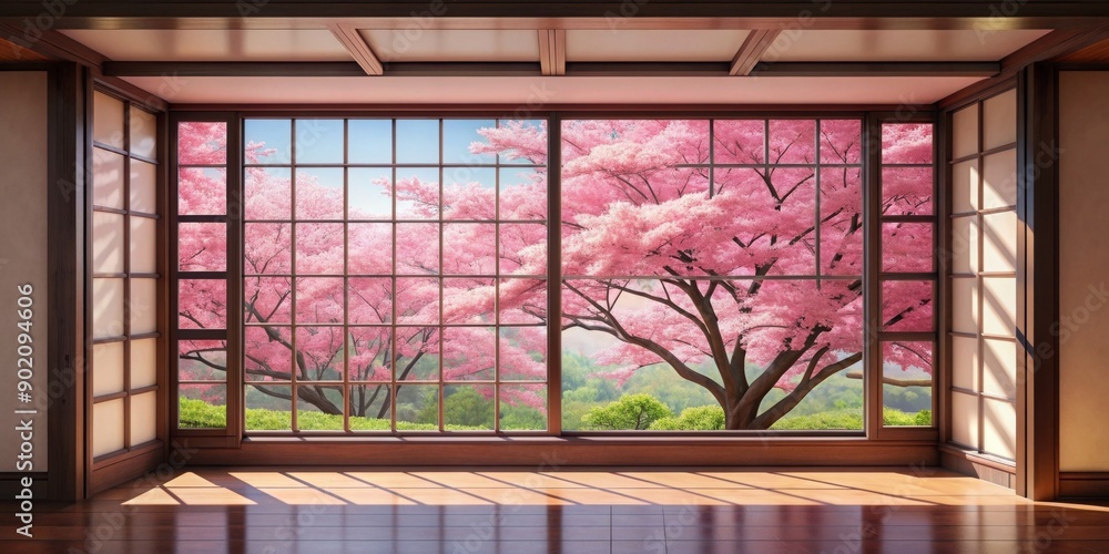 Anime-style interior of a window with view of cherry blossom tree in ...