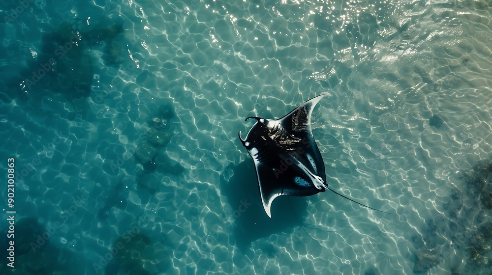 Aerial picture of a reef manta ray swimming in the blue shallow water ...
