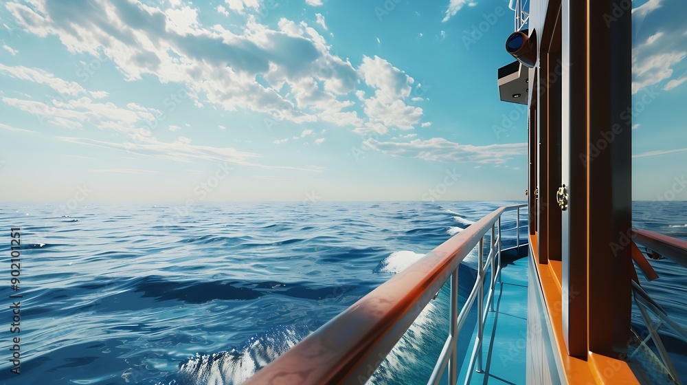 Wheelhouse or Bridge of a ship viewed from the side Quiet calm blue sea ...