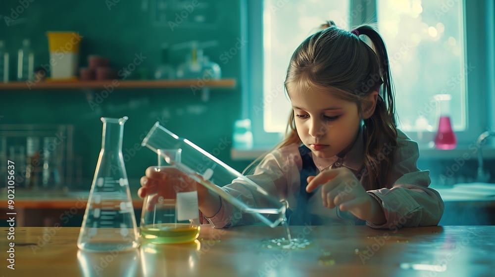 Girl classroom and science beaker for learning education and test with ...