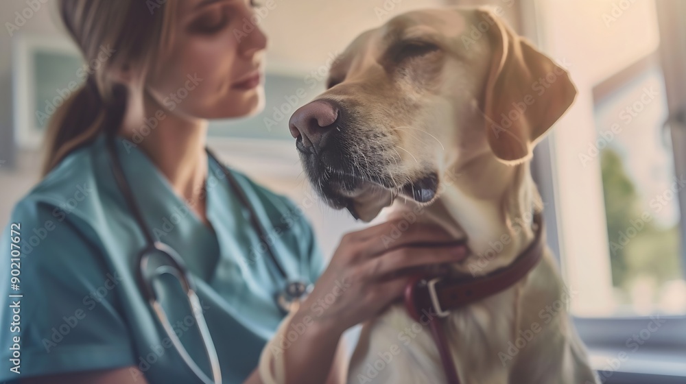 Woman vet and checking with dog for heart beat healthcare or checkup at ...