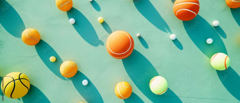 Colorful assortment of various sports balls arranged on a vibrant ...