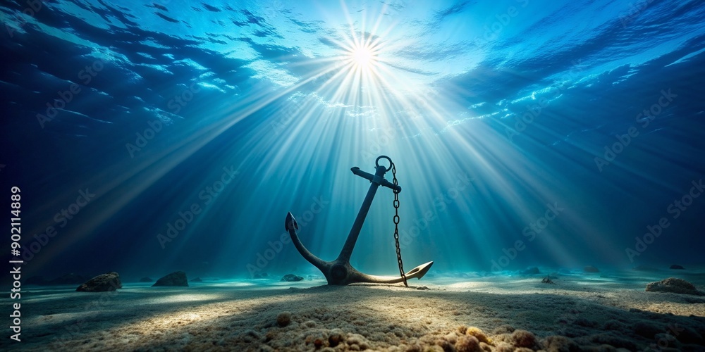 Sunlight shining on an anchor resting on the ocean floor in the deep ...